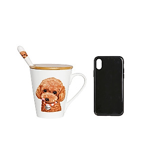 Pet Portrait Porcelain Water Cup w Lid & Spoon (Poodle(Red))