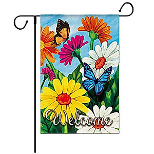 WODISON Welcome Floral Spring Summer Garden Flag, Butterfly Flowers Daisy Burlap Flag 12" x 18" Double Sided, Seasonal Outdoor Decoration For Yard Home (ONLY FLAG)