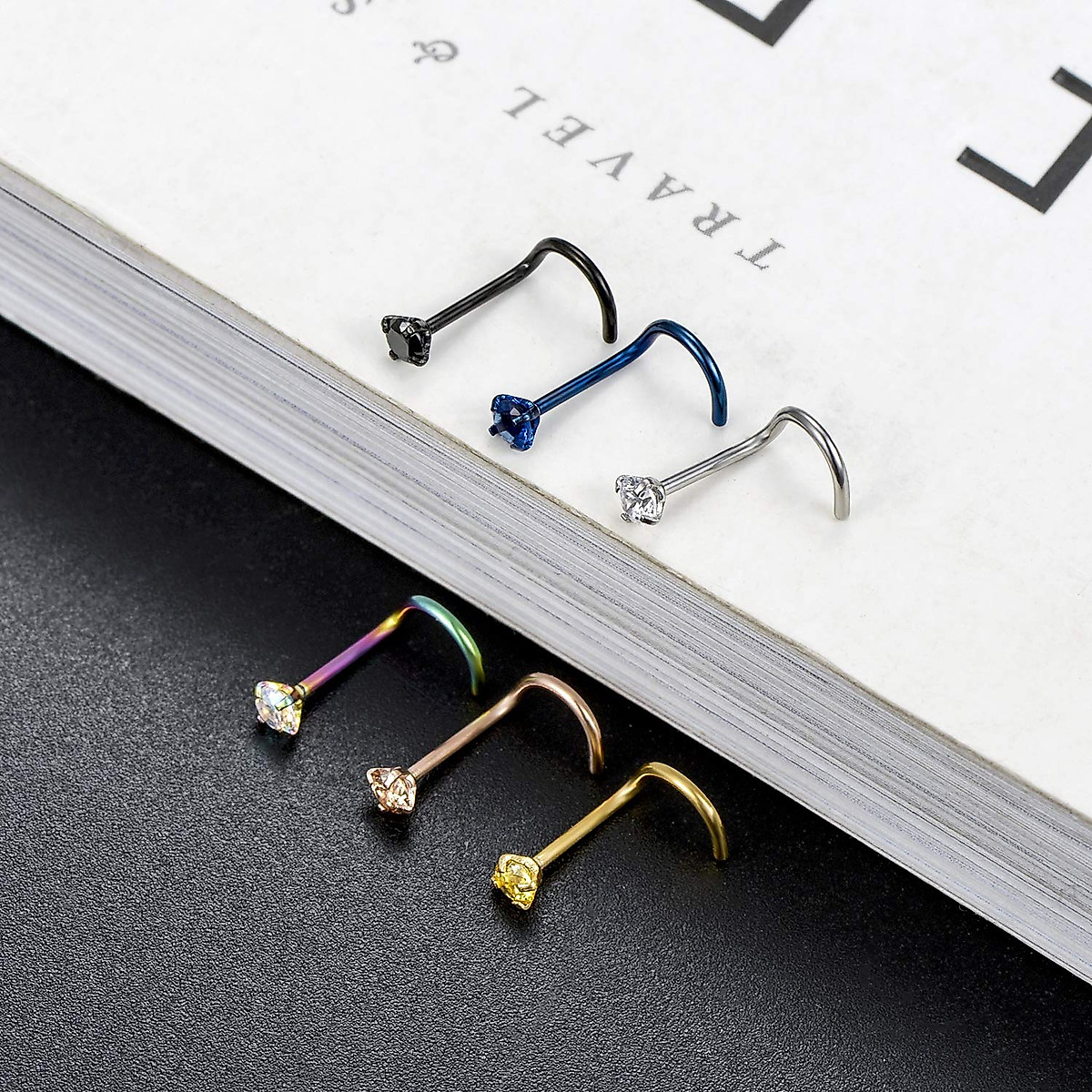 Tornito 20G 6Pcs Stainless Steel Nose Screw Studs Rings CZ Nose Ring Labret Nose Piercing Jewelry for Men Women