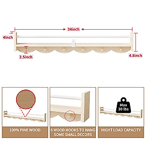 34Inch Nursery Bookshelves Wall Mounted,Wooden Floating Shelf Kids Coat Rack with 6Hooks,Hanging Shelf for Baby Nursery Room Décor, Set of 3 Burlywood