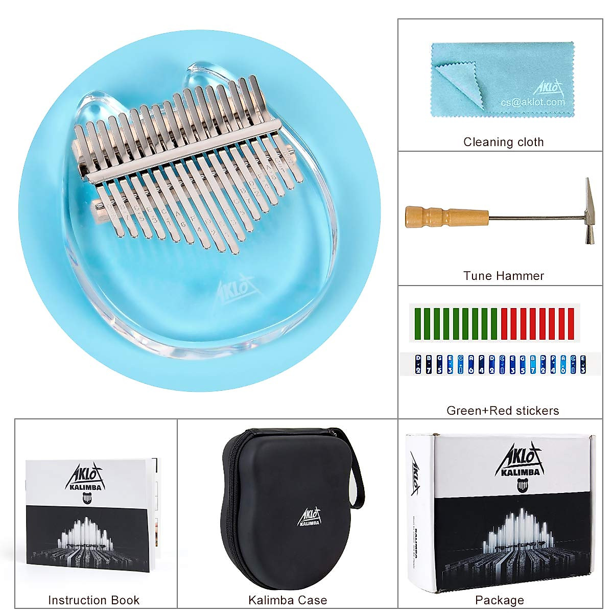 Kalimba Thumb Piano, AKLOT 17 Keys Transparent Acrylic Cat Note Carved Starter Finger Piano with Kalimba Case Tune Hammer Study Booklet Stickers