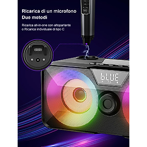 Karaoke Machine for Adults Kids with 2 UHF Wireless Microphones,Portable Bluetooth Singing PA Speaker System with LED Lights for Home Party,Outdoor/Indoor/Wedding,Church,Picnic,Birthday Gifts.