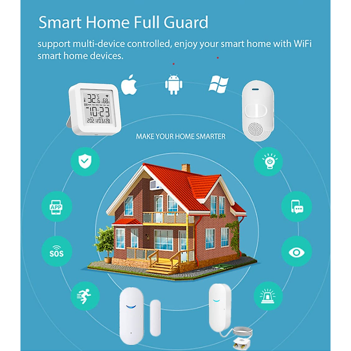 Smart Wi-Fi Motion Sensor Detector Alarm Wireless Home Security System, PIR Motion Detector Alarm Built in a Alarm Siren No Hub Required Smart Life App Control Compatible with Alexa & Google Home