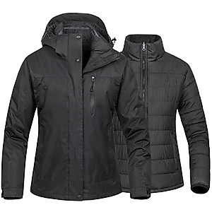 CREATMO US Women's 3 in 1 Waterproof Ski Jacket Windproof Snow Coat Black 2XL