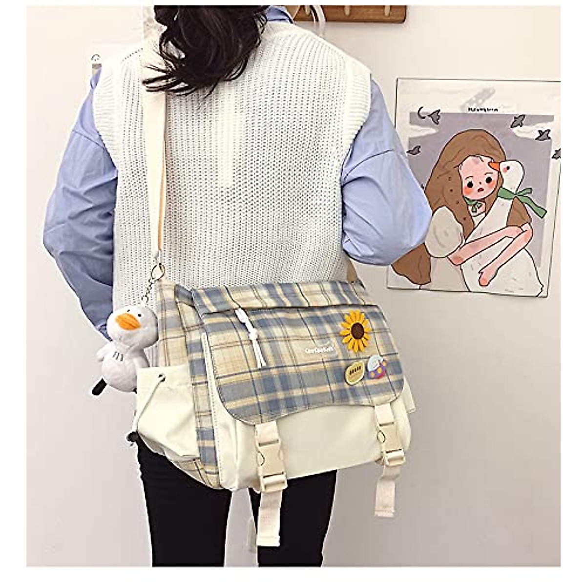 Kawaii Backpack Japanese School Bag Aesthetic Cute Plaided Bags Harajuku Tote Ita Bag Crossbody Girls Kawaii Stationary (Yellow, One Size)