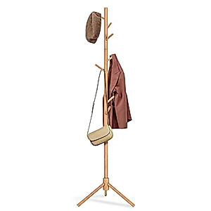 EuroBird Sturdy Wooden Coat Rack Freestanding - Adjustable Coat Rack Stand with 4 Sections & 8 Hooks, Easy Assembly Coat Tree for Coats, Hats, Purse, Entryway, Hallway, Bedroom, Office, etc