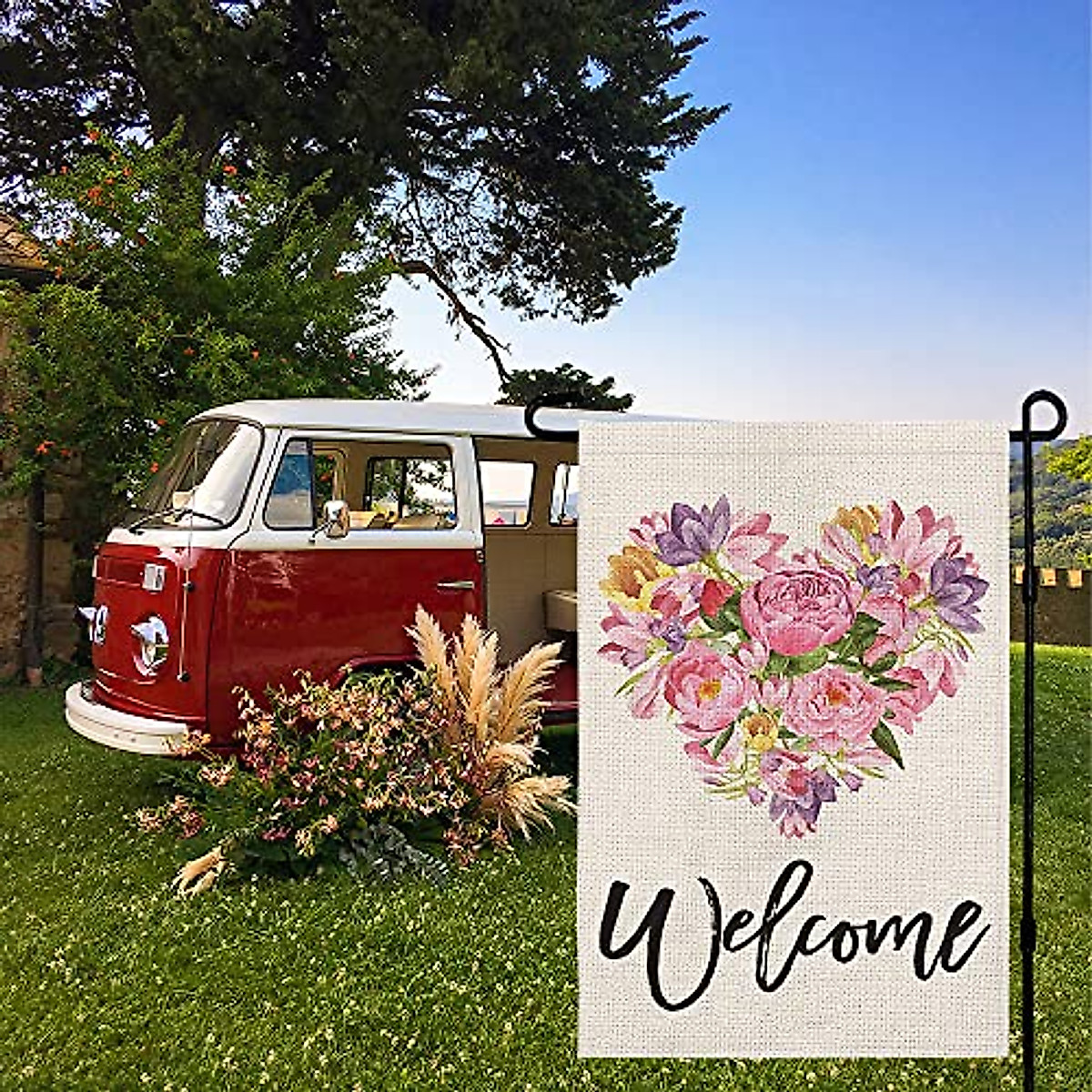 CROWNED BEAUTY Spring Garden Flag Floral Welcome 12×18 Inch Double Sided Outside Purple Flowers Heart Vertical Holiday Yard Decor