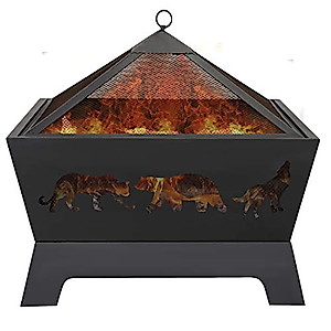 JupiterForce Durable Outdoor Fire Pit Backyard Patio Garden Stove Wood Burning Fireplace with Grid Cover Mesh Lid, Black