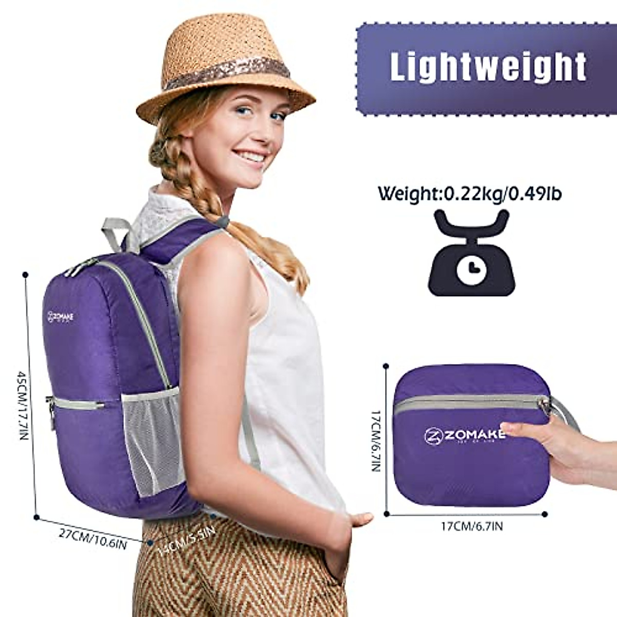 ZOMAKE Ultra Lightweight Hiking Backpack 20L - Packable Small Backpacks Water Resistant Daypack for Women Men(Purple)