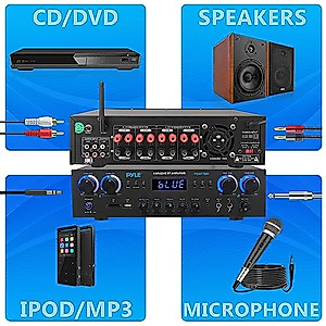 Pyle Bluetooth Home Audio Theater Amplifier Stereo Receiver 4 Channel 800 Watt Sound System w/MP3, USB, SD, AUX, RCA, FM,MIC, Headphone, Reverb Delay, LED Vol, for Home/Studio/Theater Speakers