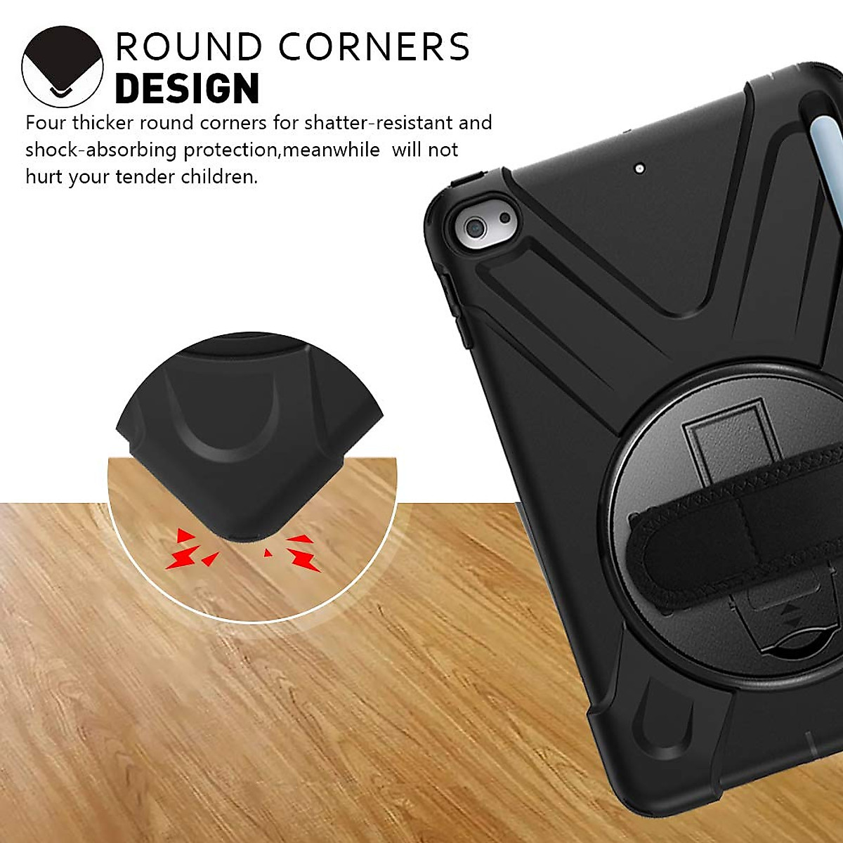 ZenRich iPad Mini 5/ iPad Mini 4 Case with Pencil Holder, Heavy Duty Shockproof Rugged iPad Mini 7.9 Inch Case with Hand Strap/Kickstand-Black