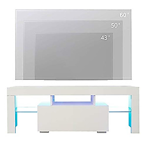DMAITH White Modern LED TV Stand for 55/60/65 Inch TV, High Glossy Gaming Entertainment Center with Large Storage Drawers, TV Media Center with Display Glass Shelves for Living Room, Bedroom, 002W