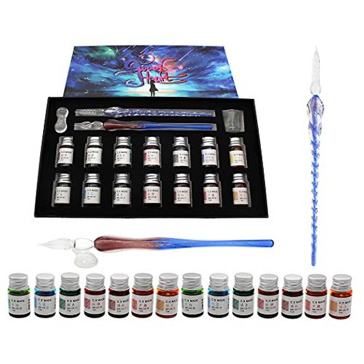 XIAOYU Glass Dip Pen Set, 18 Pieces Calligraphy Pens Set - 14 Color Inks, Pen Holder, Cleaning Cup, 2 Crystal Glass Pens for Art, Writing, Drawing, Signatures