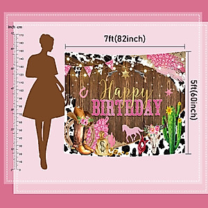 Mocsicka Western Cowgirl Birthday Backdrop Happy Birthday for Girl Party Decorations Banner Rustic West Rodeo Boot Country Birthday Photography Background Photo Booth Props(Pink, 7x5ft (82x60 inch))