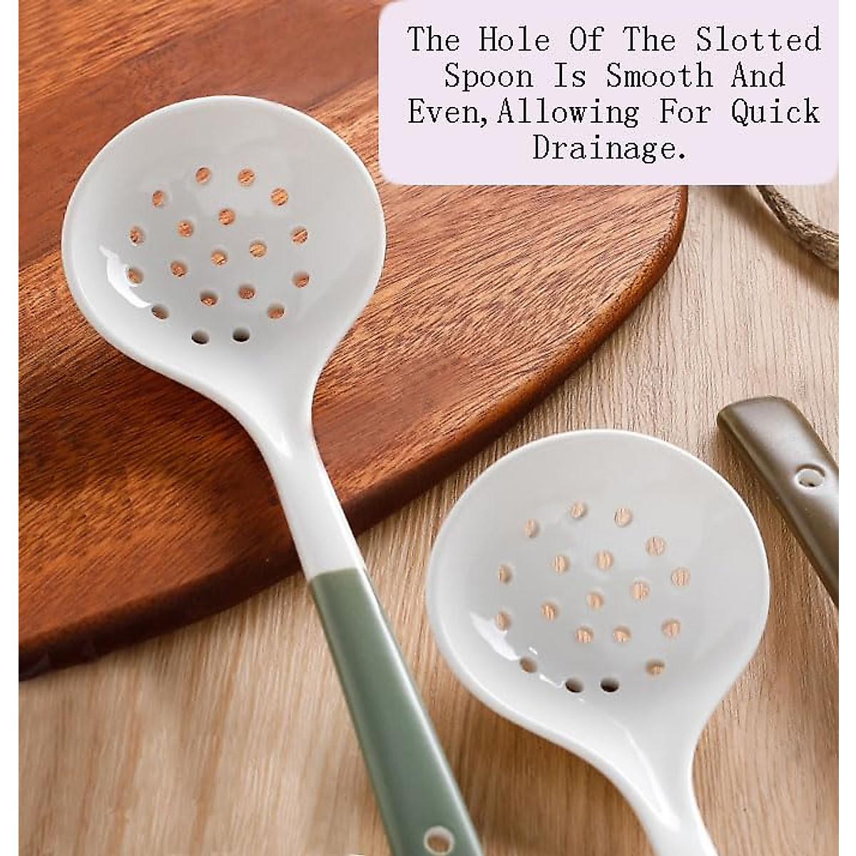 Ceramic Soup Ladle Spoon Set Of 2,Hot Pot Accessories Kit Soup Ladle Skimmer Spoon Slotted Cooking Utensil For Cooking Stirring (Green)