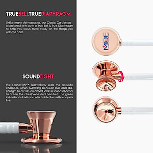 MDF Instruments, ProCardial Core™ Cardiology Stainless Steel Dual Head Adult-Pediatric Stethoscope with Adult Cardiology Bell Convertible Attachment - Free-Parts-for-Life (MDF797DD) (Rose Gold/White)