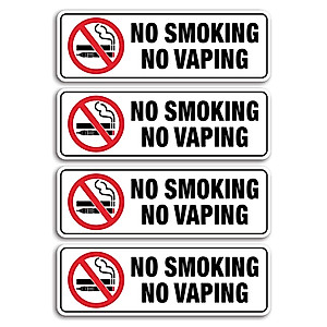 No Smoking No Vaping Sign, (4 Pack) 9 X 3 Inch, Self-Adhesive, Use for Home Office/Business, Easy to Apply, Black Big Letters on White Plate