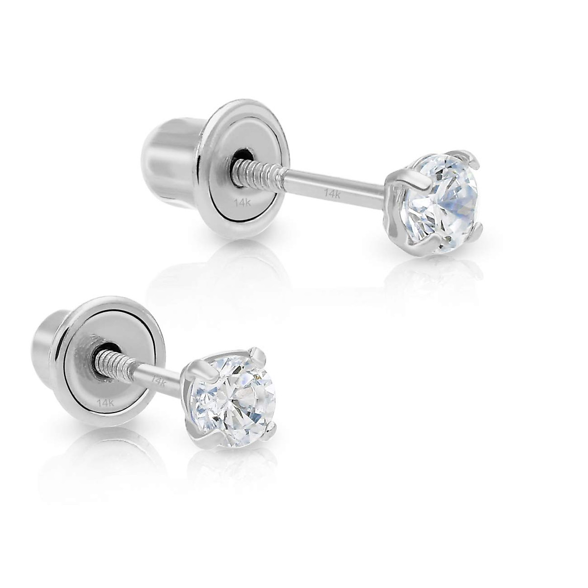 14k White Gold Solitaire Made with Cubic Zirconia Tiny CZ Stud Earrings with Secure Screw-backs, 2.5mm