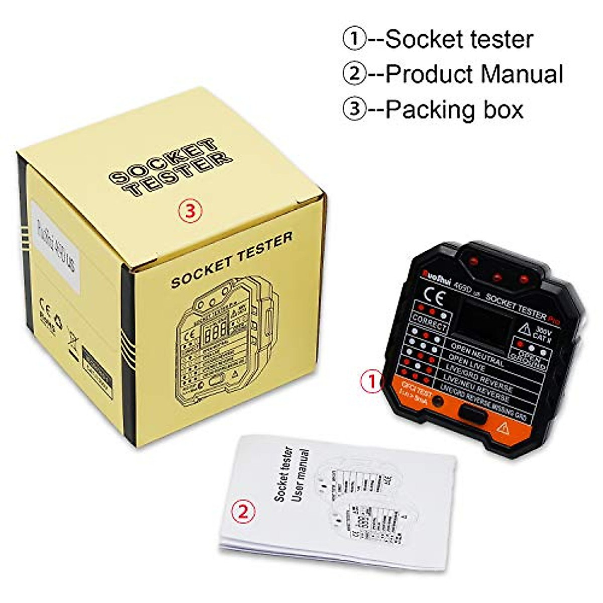 Ruoshui Outlet Tester 48-250V, GFCI Tester CAT II 300V, Receptacle Tester with Voltage Display, Standard US Electrical Socket Tester with 7 Visual Indications for Home & Professional Use…