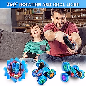 FAFUGANIA Remote Control Car, 360° Rotating RC cars with Wheel Light and Body crack light, Fast and Flips 4WD Double-Sided RC Stunt Cars For 6-12 years old Kids Xmas Toy Cars Gift for Boys Girls(Blue)
