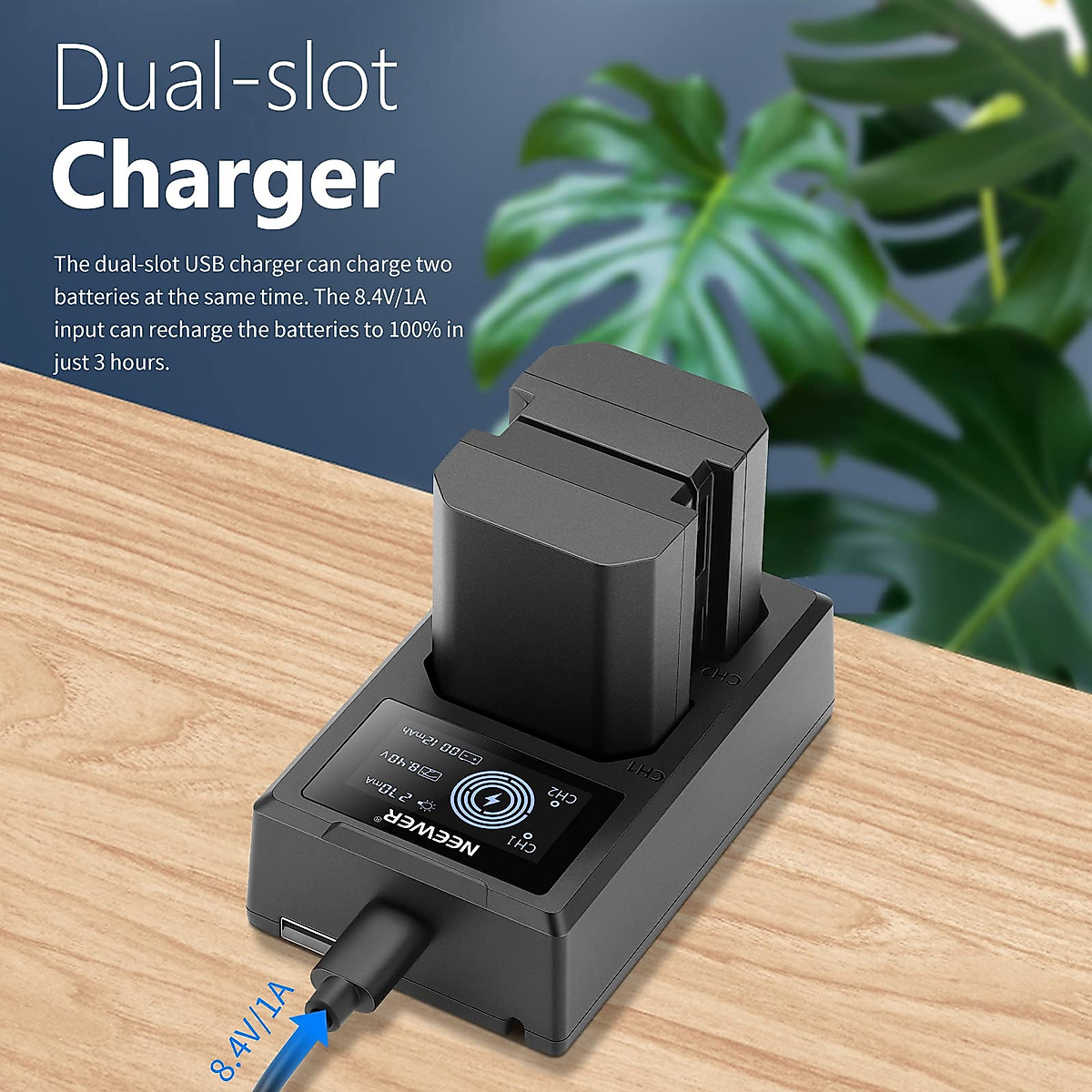 NEEWER NP-FZ100 Replacement Battery Charger Kit, Compatible with Sony a7IV, a1, a9II, a9, a7SIII, a7RIV, a7RIII, a7III, 2 Packs Li-ION 2280mAh Batteries, Dual USB Charger with LCD Display