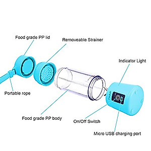 Portable blender Personal 6 Blades Juicer Cup Household Fruit Mixer,With Magnetic Secure Switch, USB Charger Cable 380ML (Blue)