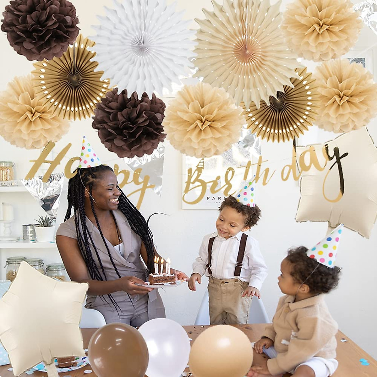 Brown Birthday Party Decorations Tan Brown Paper Fans Paper Pom Poms Happy Birthday Banner Brown Blush Neutral Balloons for Rustic Woodland Teddy Bear Boho Birthday Party Supplies
