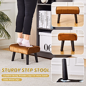 Cpintltr Small Foot Stool Ottoman Modern Accent Step Stool Seat with Solid Wood Legs Velvet Soft Padded Pouf Ottomans Sofa Footrest Stools 16 inch for Couch Living Room Bedroom Entryway Brown