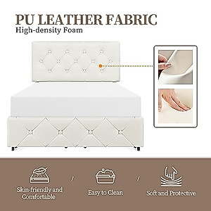 Yaheetech Full Upholstered Bed Frame with 4 Storage Drawers and Adjustable Headboard, Faux Leather Platform Bed Frame with Mattress Foundation, Strong Wooden Slats Support, No Box Spring Needed, Beige