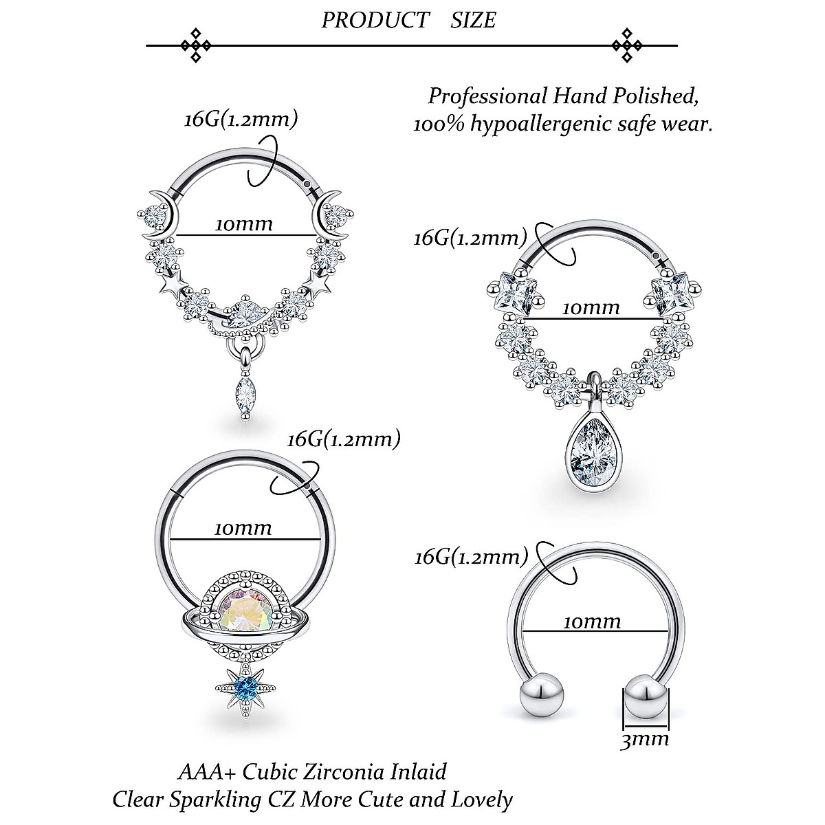 Vsnnsns 16G Septum Jewelry Septum Ring Piercing Jewelry Septum Clicker Ring and Horseshoe Barbell Stainless Steel Septum Nose Rings Hoop for Men Women Silver 10mm 9pcs