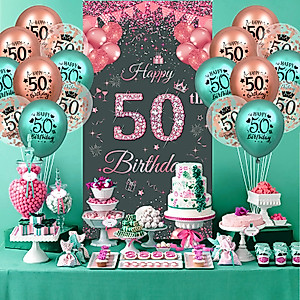 50th Birthday Party Decorations for Women Rose Gold Green Happy 50th Birthday Door Banner and 18 Pcs 50th Birthday Balloons for Women Men 50th Birthday 50 Years Anniversary Party Supplies