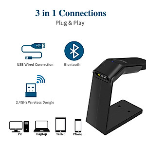 Wireless barcode scanner with stand, Compatible with Bluetooth,2.4GHz Wireless & Wired Connection all in one for Computer POS Warehouse Inventory Library