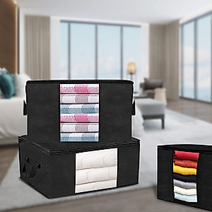 Txtsegose 3 Pack Clothes Storage Bag,Large Capacity Organizer with Reinforced Handle Thick Fabric for Comforters, Blankets, Bedding, Foldable with Sturdy Zipper, Clear Window, Black