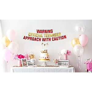 Warning Official Teenager Approach With Caution Gold Glitter Banner - 13th Birthday Party Supplies, Ideas, Gifts and Decorations