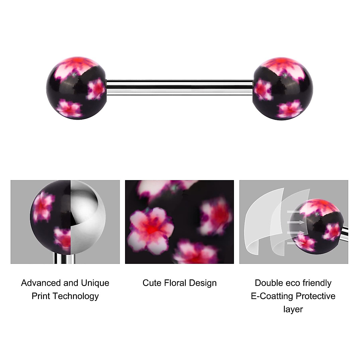 COCHARM 5Pcs Plastic Tongue Rings for Women 14g Pink Kitty Tongue Ring Acrylic Cute Tongue Piercing Jewelry Kawaii Girl Tongue Rings