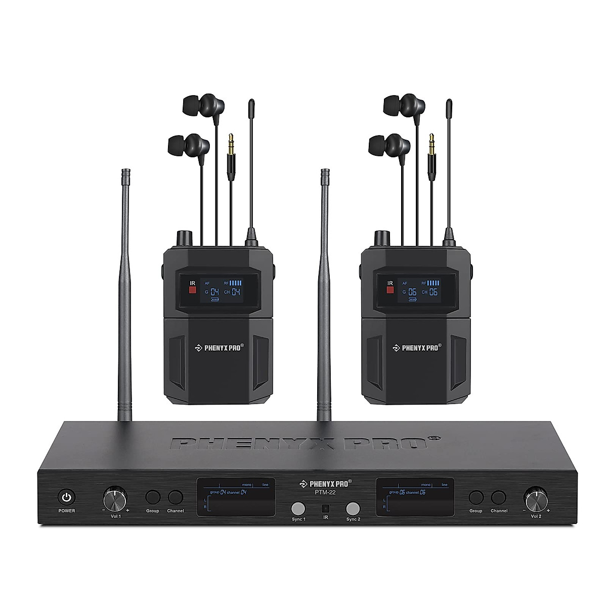 Phenyx Pro UHF Mono Dual Wireless in-Ear Monitor System, Metal Wireless IEM System, Sturdy Bodypack Receiver, 2x50 Frequencies, Separate Outputs,164ft Operation, Suitable for Band and Studio (PTM-22)