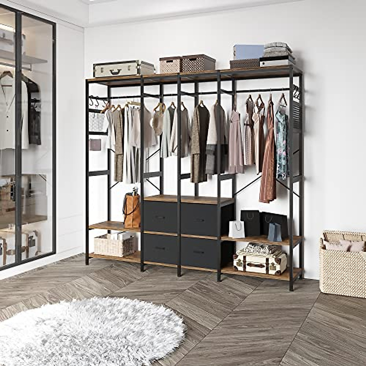 Karl home Freestanding Closet Organizer with 4 Fabric Drawers, Heavy Duty Clothes Rack with Wooden Shelves Hanging Rods, Free Standing Garment Rack Clothing Storage Wardrobe Vintage Walnut 70.87" H