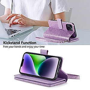 Varikke iPhone 14 Wallet Case for Women - 6.1" Light Purple Glitter PU Leather, Card Holder, Detachable Magnetic Case & Strap