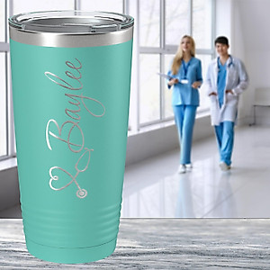 Personalized Heart Stethoscope Nurse, RN, LPN, CNA, CMA, MA Laser Engraved on Seafoam 20 oz Stainless Steel Tumbler with Lid - Insulated Cup - Travel Mug