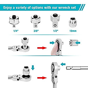 DURATECH 27PCS Extra Long Flex Head Ratcheting Wrench Set, 8-22mm, Double Box End Ratchet Wrench Set with E-type 8-22mm Replacement Heads, 10x19mm, 1/4", 3/8", 1/2" Socket Adapters