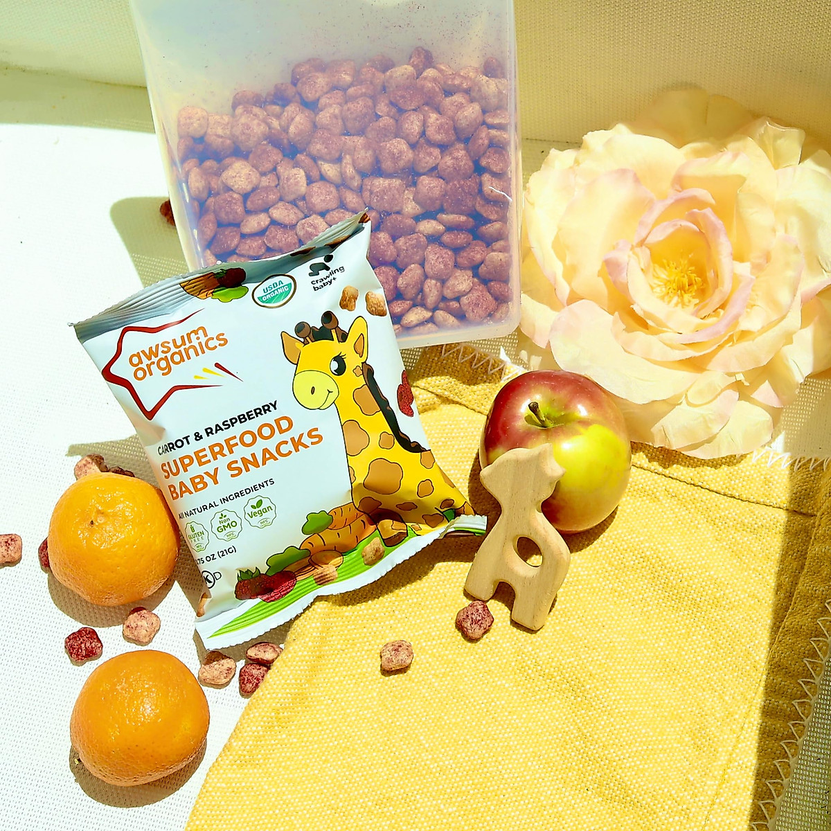 Awsum Organics Baby Snacks - Happy Healthy Baby Food - Snack for babies - Vegan Kosher Gluten Free - Natural Plant Based Protein Puffs - Non-Allergy - No Added Sugar 0.75 Oz Bag (Variety, 4 packs).