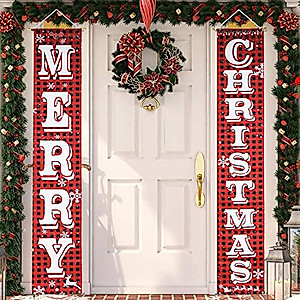 KERIQI Merry Christmas Porch Sign, Buffalo Plaid Christmas Banner for Front Door Fireplace Thanksgiving New Year Holiday Decorations (Merry Christmas)