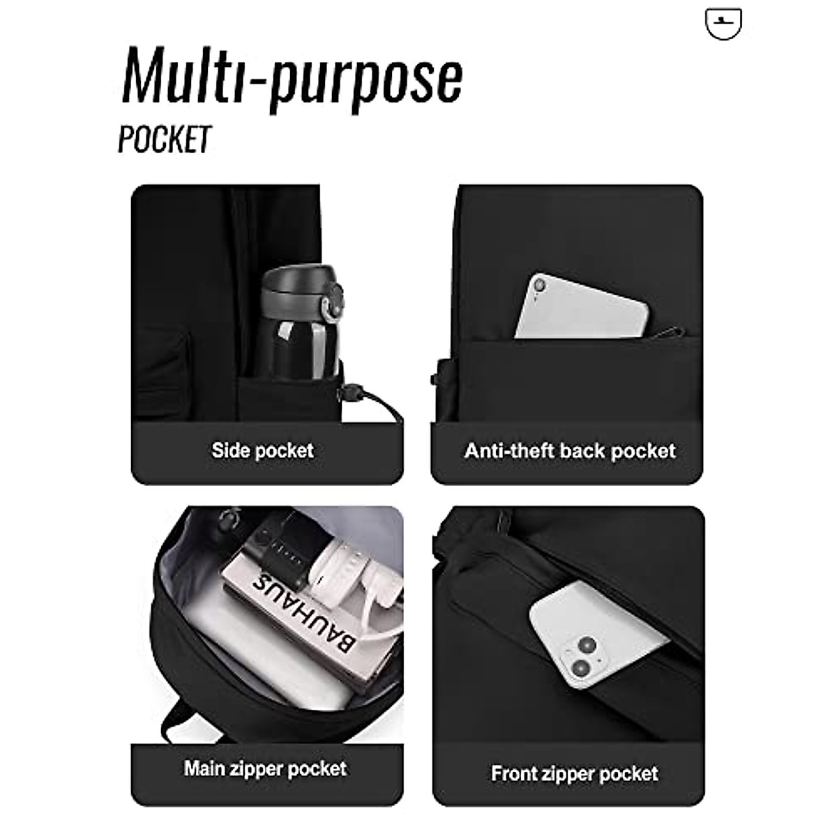 Black Backpack for Women Men, Waterproof High School Bookbag,Lightweight Casual Travel Daypack,Classic Basic College Backpack,Middle School Bag for Teen Girls Boys