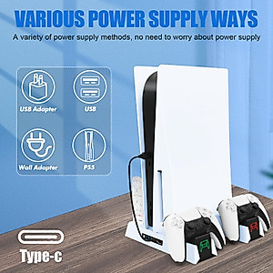 Dual Controller Charger Station for Playstation 5 PS5 Console with Suction Cooling Fan, Suction Cooler Fan with Charging Dock Station and 12 Games Storage-Included Cable, Headphone Hook