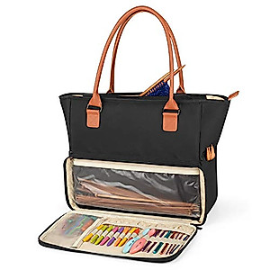 YARWO Knitting Tote Bag with Pockets for WIP Projects, Yarn Storage Organizer Bag for 14” Knitting Needles, Skeins of Yarn and Crochet Hooks, Black