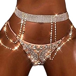Salliy Boho Rhinestone Bikini Chain Set Silver Sexy Sequins Mesh Body Chains Summer Bra Body Jewelry for Women (Waist chain)