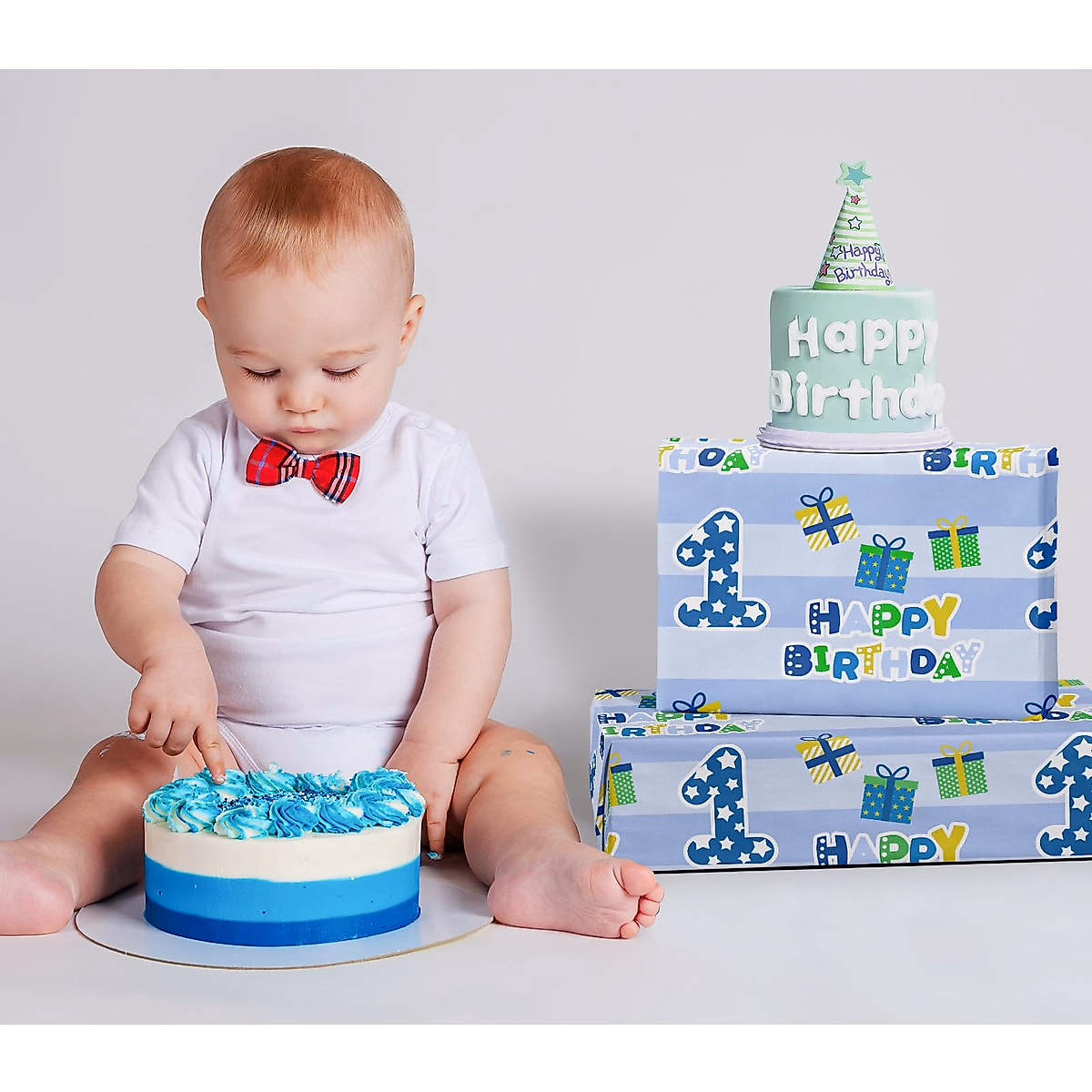 WRAPAHOLIC 1st Birthday Wrapping Paper Sheet - 6 Sheets Blue Happy Birthday with Gift Box Design Folded Flat for Birthday, Party, Baby Showers - 19.7 Inch X 27.5 Inch Per Sheet