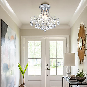 Bestier Modern Silver Crystal Semi-Flush Mount Chandelier Lighting Ceiling Light Fixture Lamp for Diningroom Bathroom Bedroom Livingroom 3 E12 Bulbs Required D13.5 inch X H11.6 inch