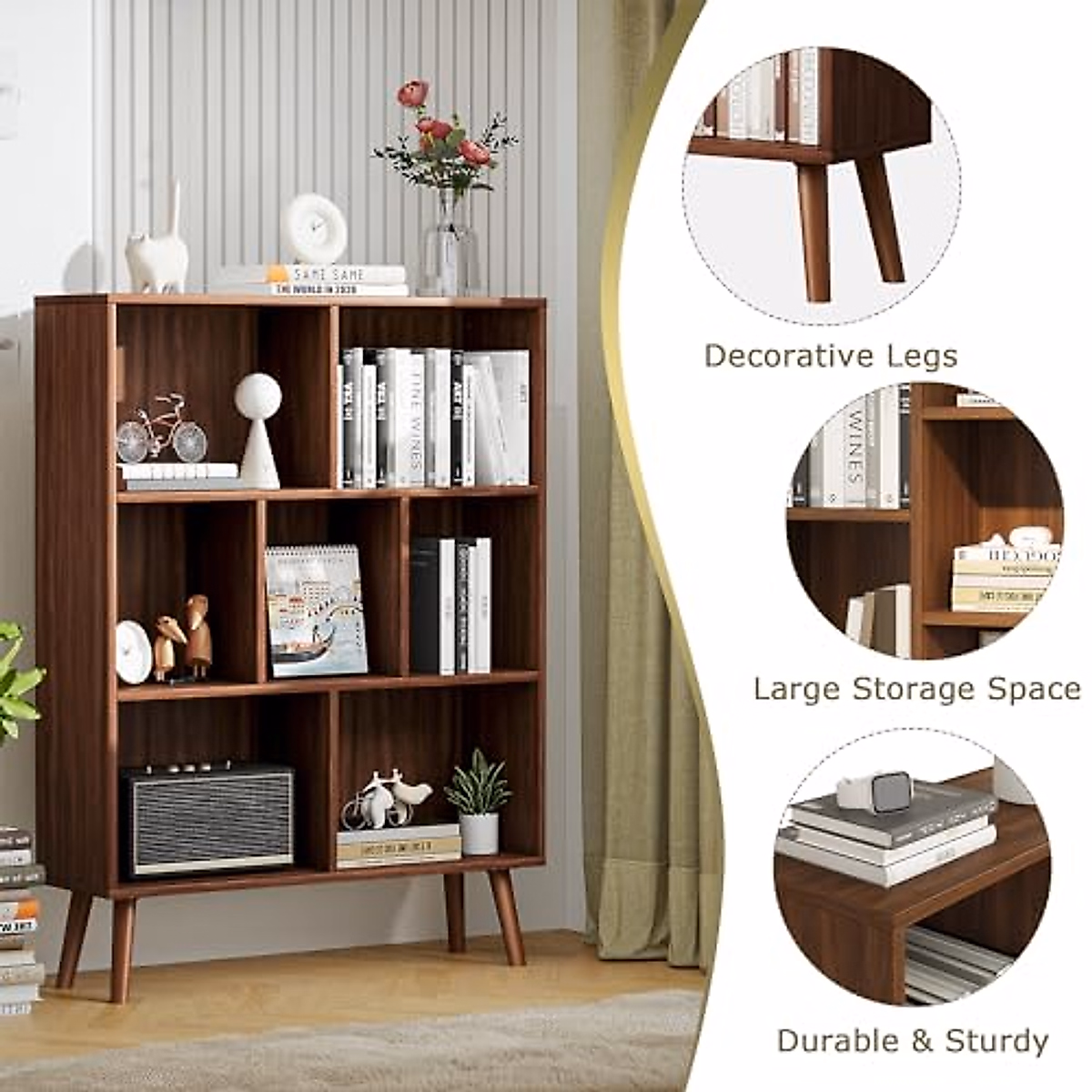 DIFY Wooden Bookcase 7 Cube Open Bookcase with Legs, Display Bookshelves Storage Organizer Shelf for Living Room, Home Office and Bedroom, Walnut