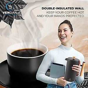 VenDan French Press - French Press Coffee Maker 34 oz (1l) - Stainless Steel Coffee Press with Double Insulated Wall - Incl. 2x Filter & Coffee Spoon